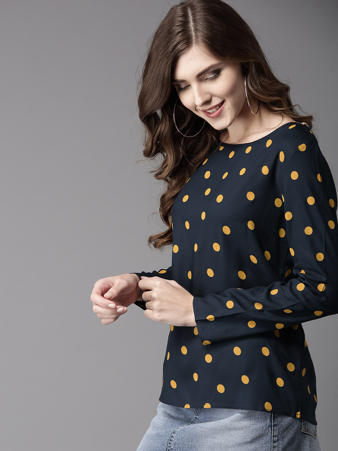 Buy HERE&NOW Navy Blue & Mustard Yellow Polka Dot Print Top - Tops for ...