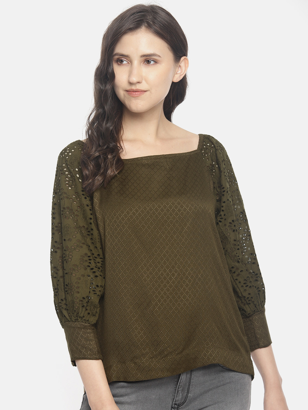 Buy CODE By Lifestyle Women Olive Green Self Design Top - Tops for ...