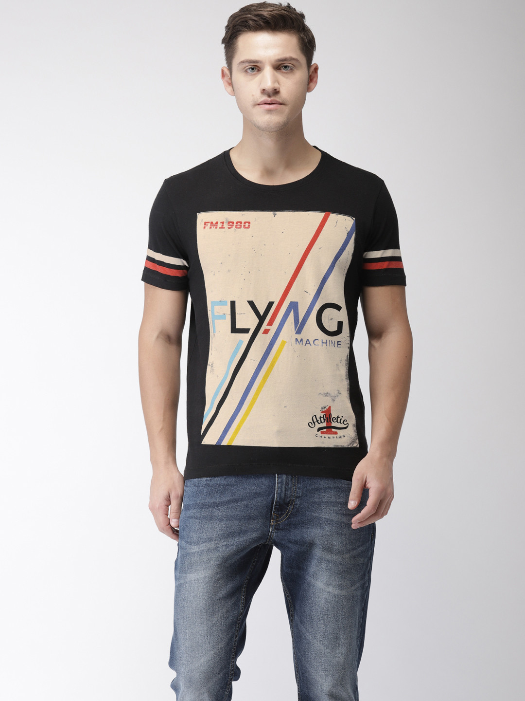 Buy Flying Machine Men Black Printed Round Neck Pure Cotton T Shirt ...