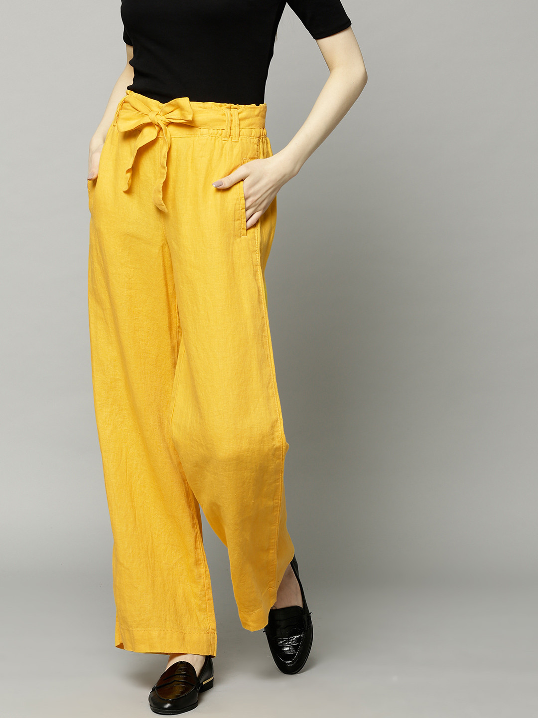Buy Marks & Spencer Women Mustard Yellow Linen Parallel Trousers ...