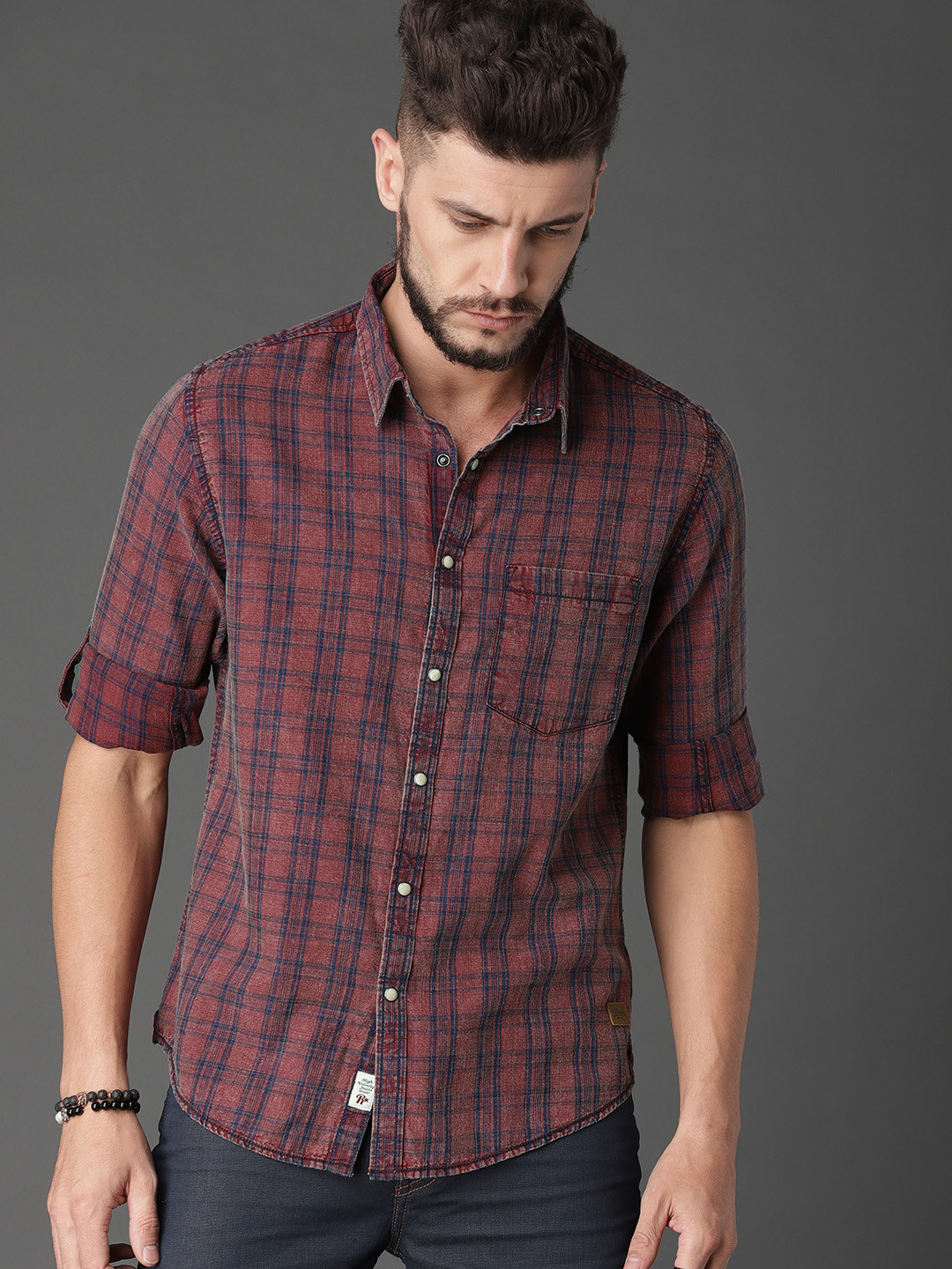 Buy Roadster Men Rust Red & Blue Colored Indigo Check Casual Shirt ...
