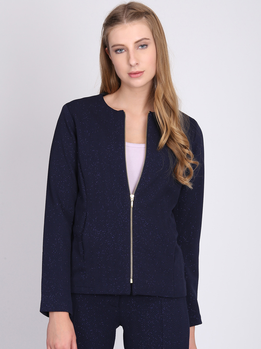 Buy NIZA Women Navy Blue Solid Lightweight Open Front Jacket - Jackets ...