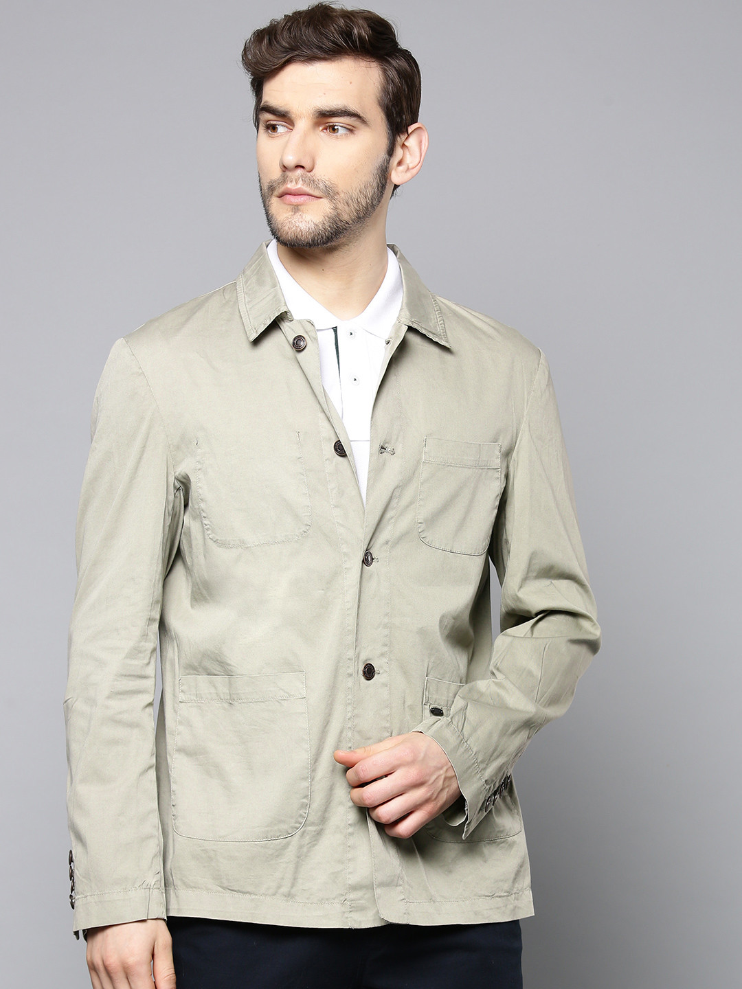 Buy Blackberrys Men Beige Solid Slim Fit Shacket - Shackets for Men ...