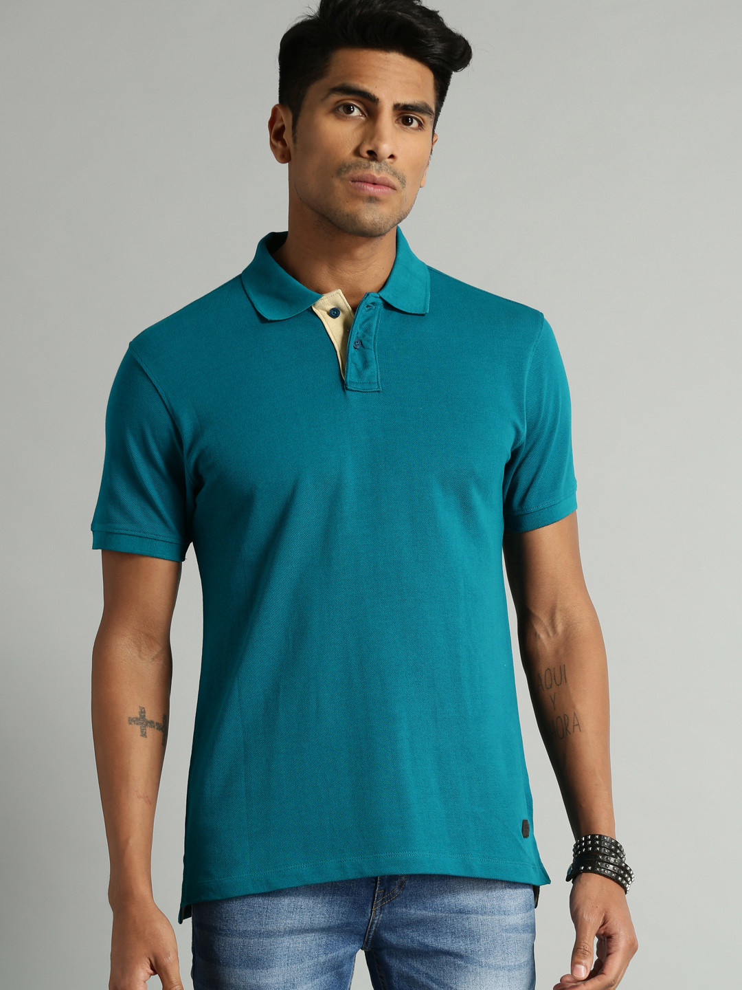 Buy Roadster Men Teal Blue Solid Polo Collar Pure Cotton T Shirt ...
