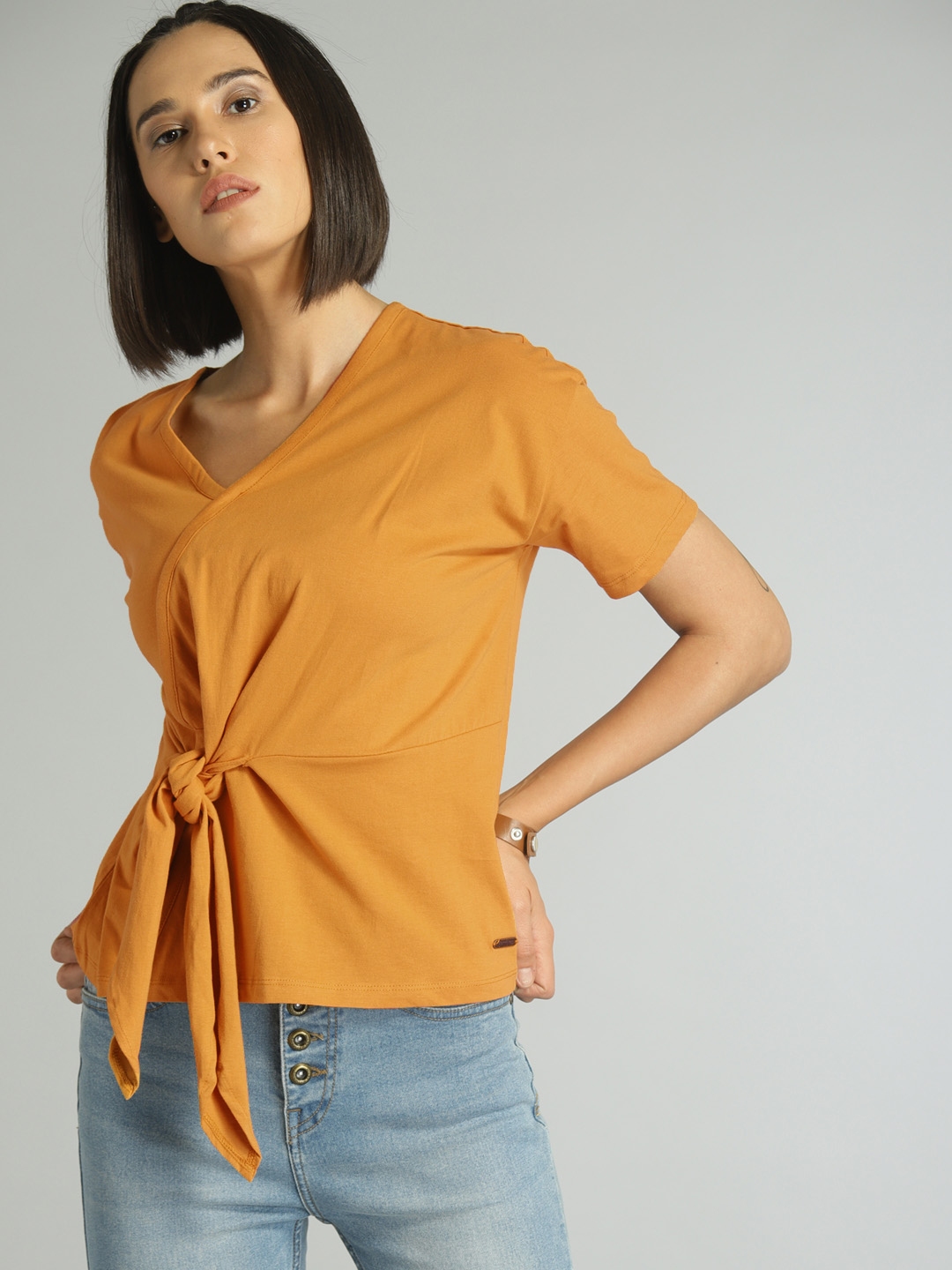 Buy Roadster Women Mustard Yellow Solid Wrap Pure Cotton Top Tops For