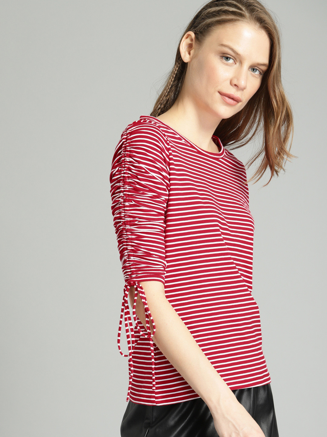 Buy Roadster Women Red & White Striped Pure Cotton Top With Gathered ...