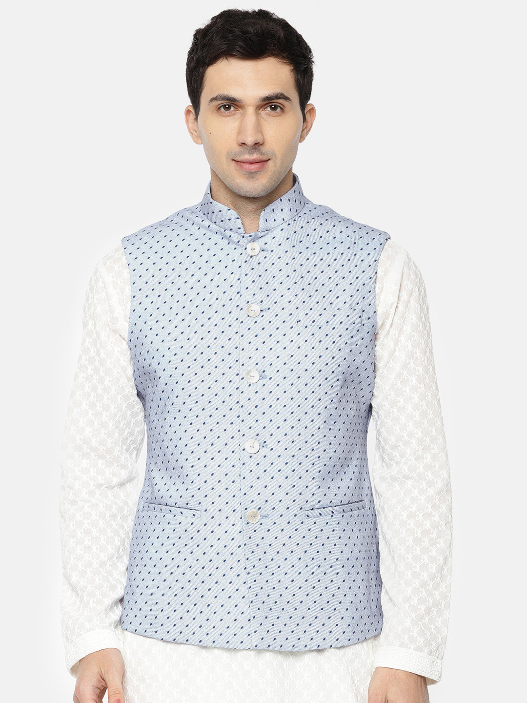 Buy Ethnix By Raymond Men Blue And White Printed Pure Cotton Nehru ...