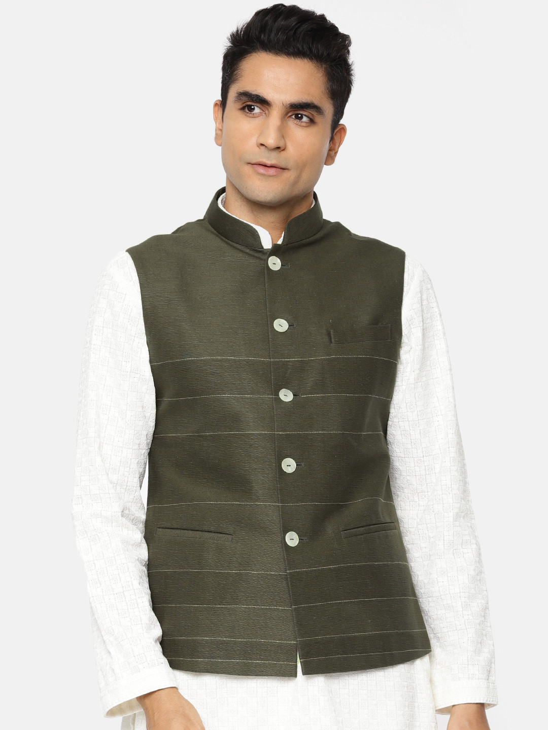 Buy Ethnix By Raymond Olive Green Striped Pure Cotton Nehru Jacket ...