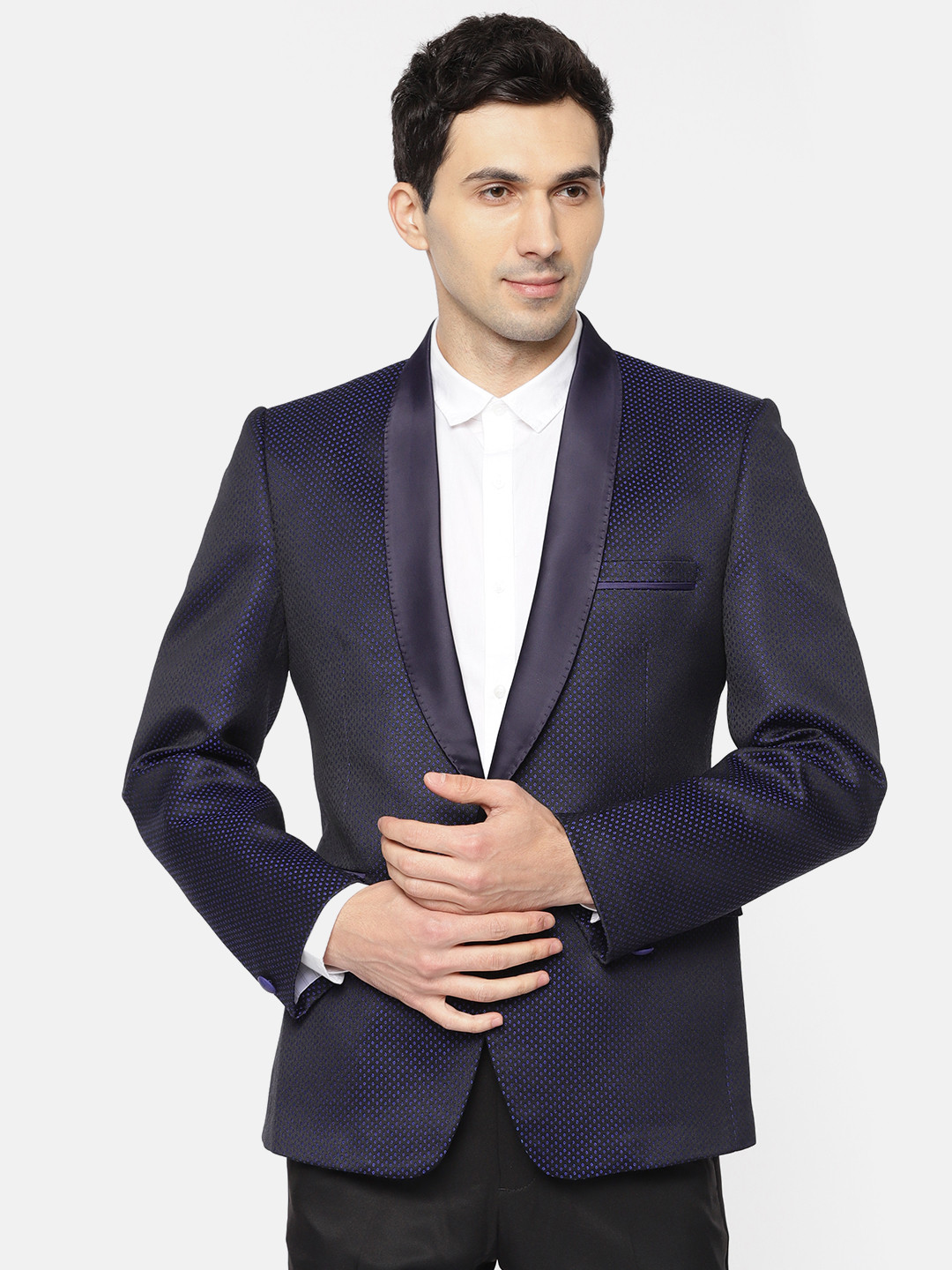 Buy Ethnix By Raymond Men Navy Blue Tailored Fit Self Design Tuxedo ...