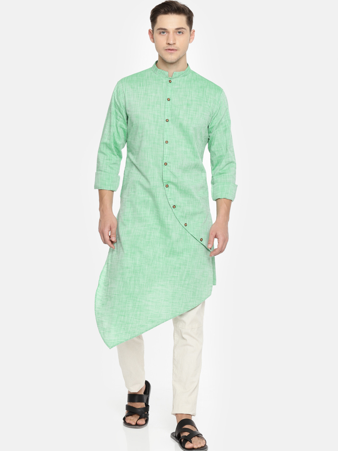 Buy Freehand By The Indian Garage Co Men Green Solid Straight Kurta ...