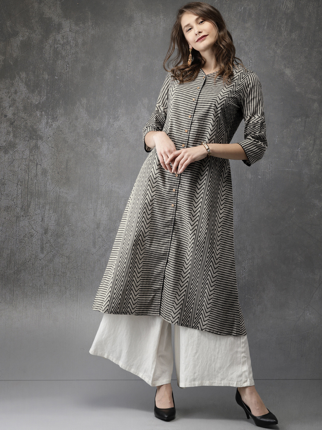 Buy Anouk Women Beige & Black Printed A Line Kurta - Kurtas for Women ...