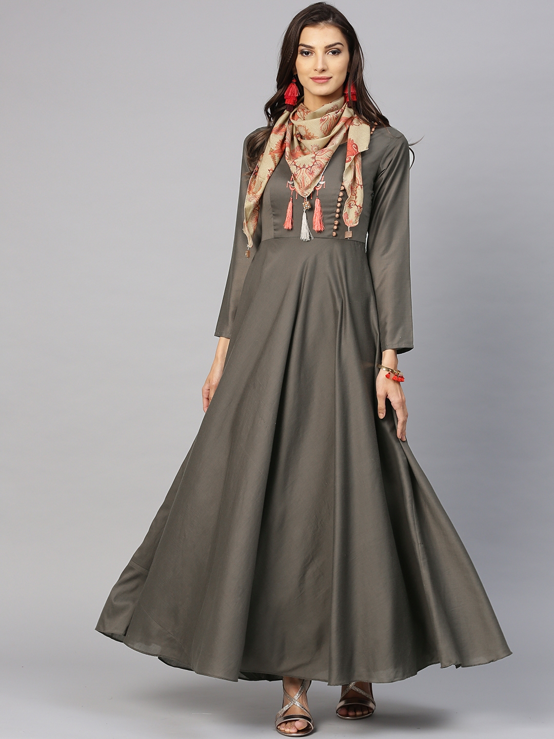 Buy Inddus Women Charcoal Grey Solid Maxi Dress With Scarf - Dresses ... Buy Inddus Women Charcoal Grey Solid Maxi Dress With Scarf - Dresses ...