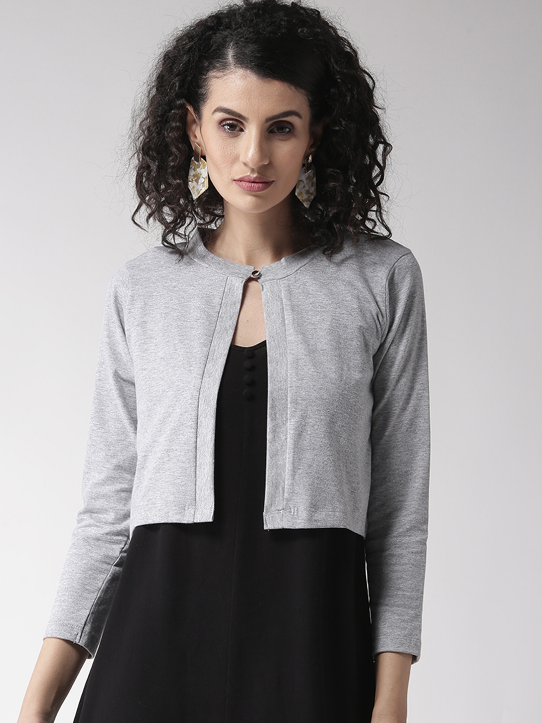 Buy Style Quotient Grey Melange Solid Crop Button Shrug - Shrug for ...