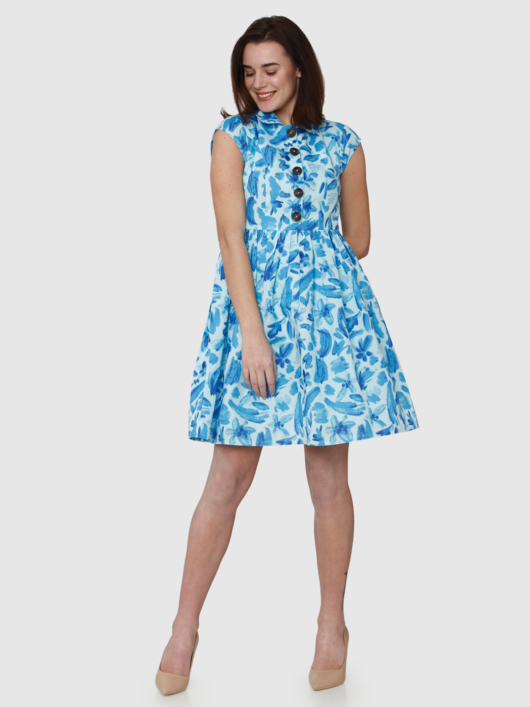 Buy Vero Moda Women Blue Printed Fit And Flare Above Knee Dress ...