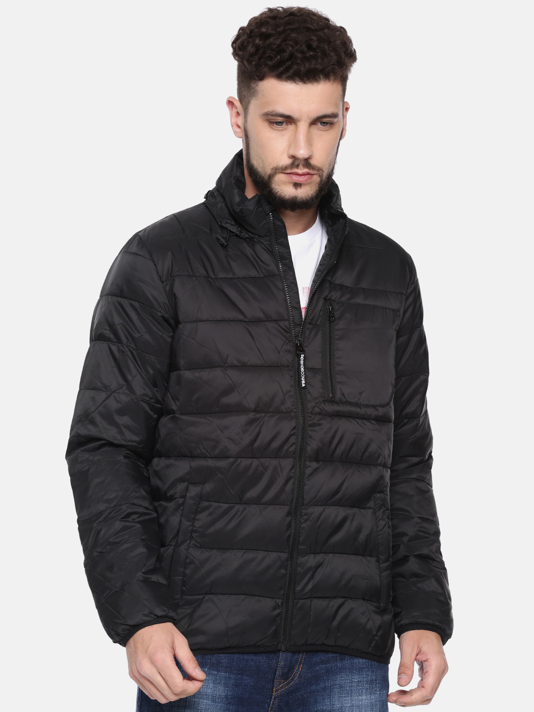 Buy DC Men Black Solid Puffer Hooded Jacket - Jackets for Men 8661385 | Myntra