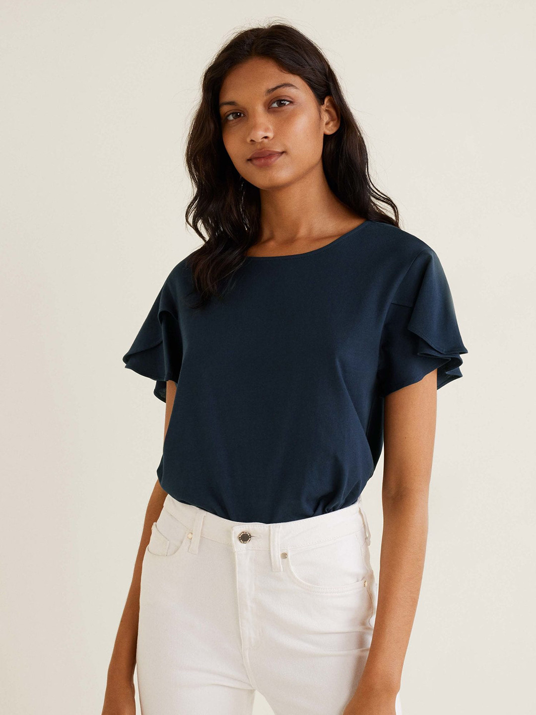 Buy MANGO Women Navy Blue Solid Pure Cotton Top - Tops for Women ...