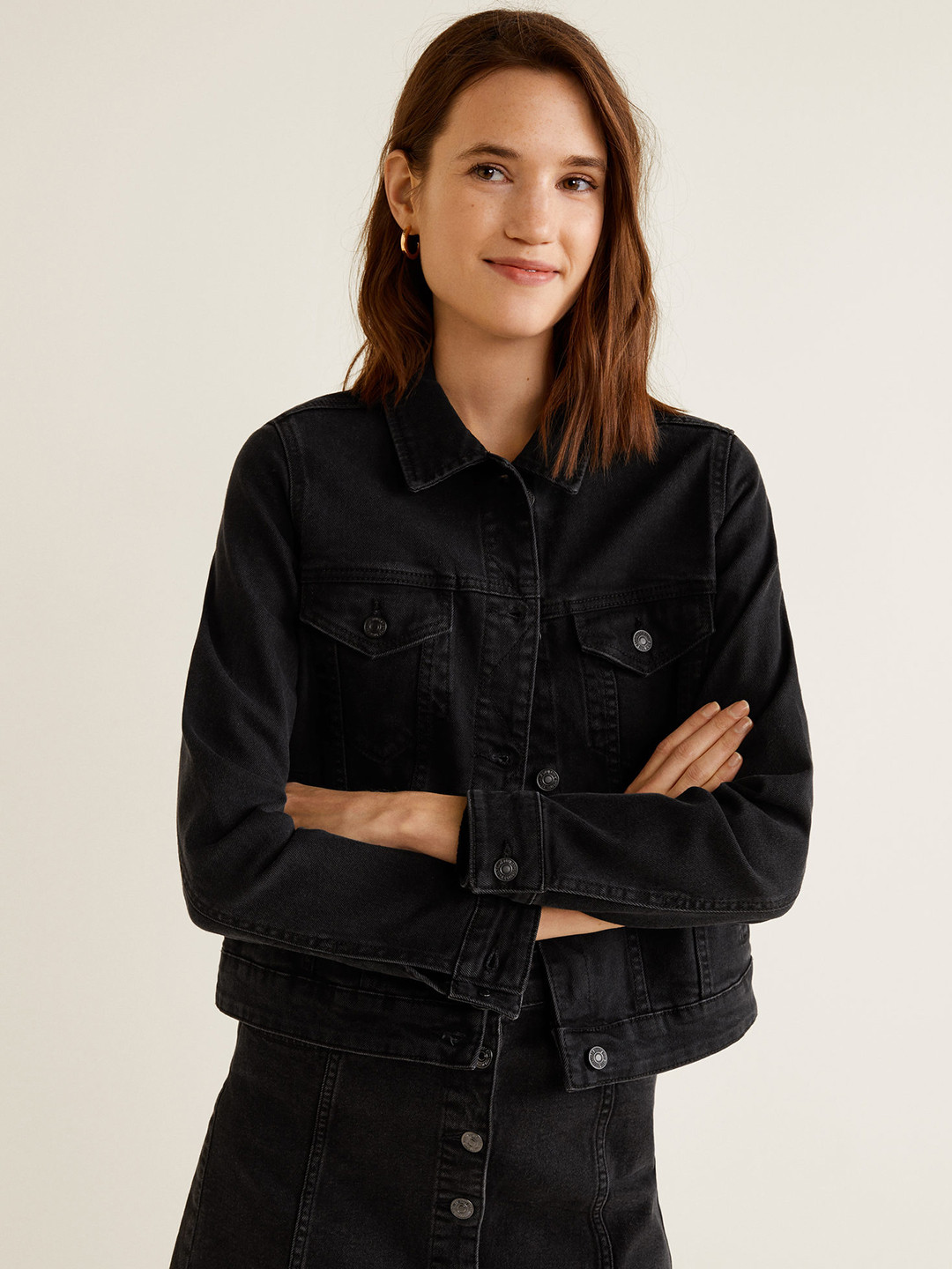 Buy MANGO Women Black Solid Denim Jacket - Jackets for Women 8676467 ...