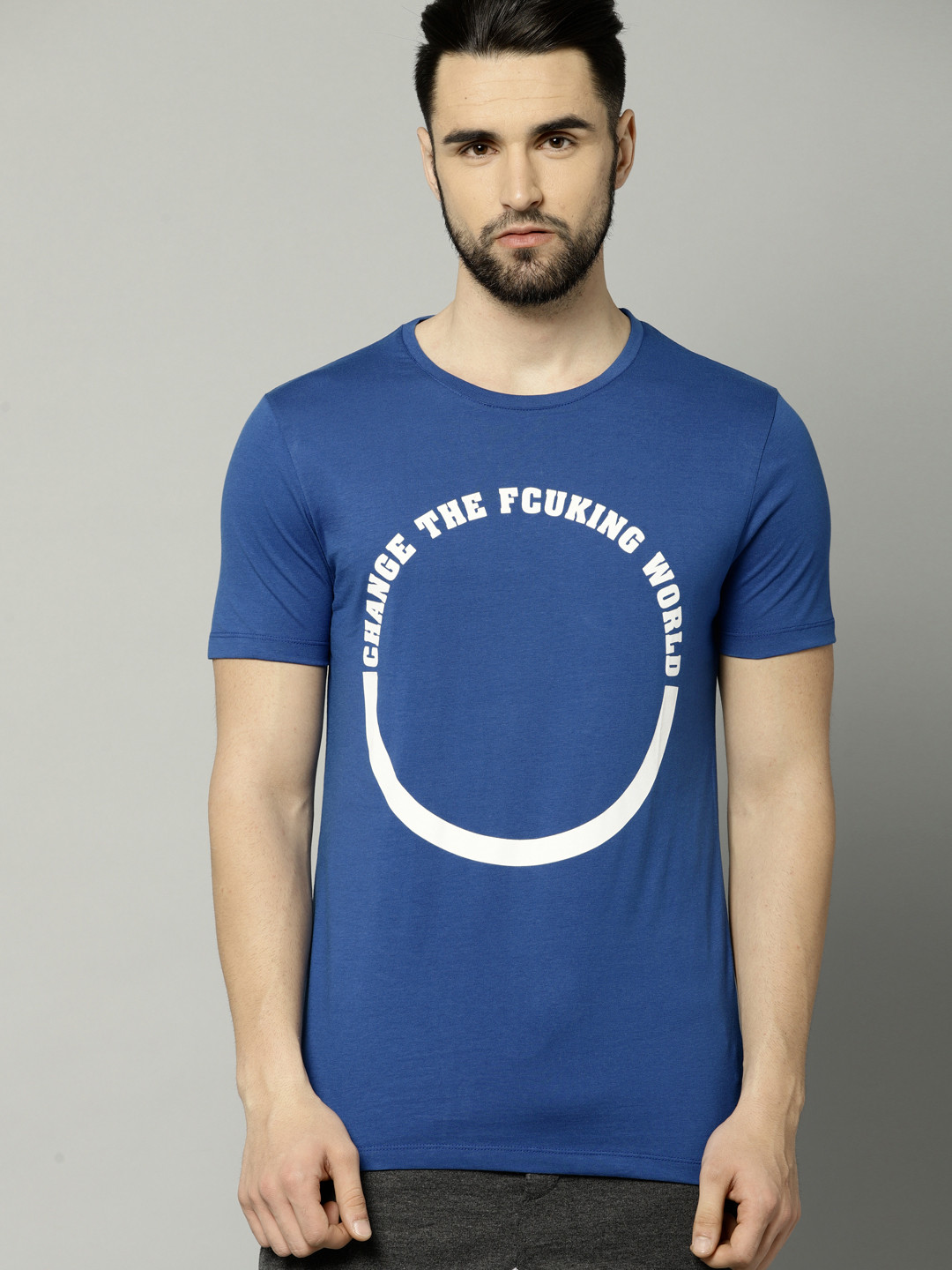 Buy French Connection Men Blue Printed Round Neck Pure Cotton T Shirt ...