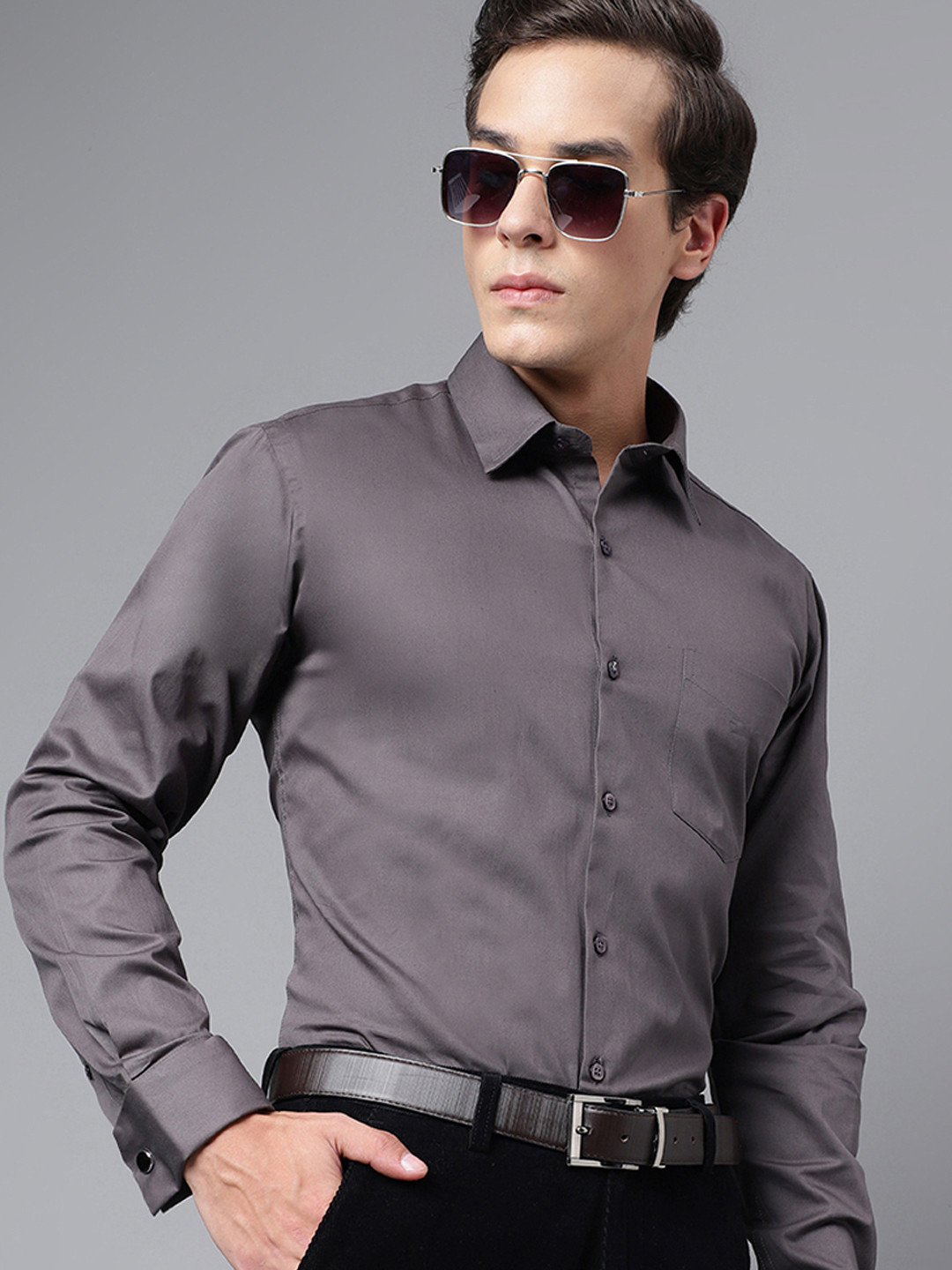 Buy Hancock Men Grey Solid French Cuff Slim Fit Pure Cotton Formal ...