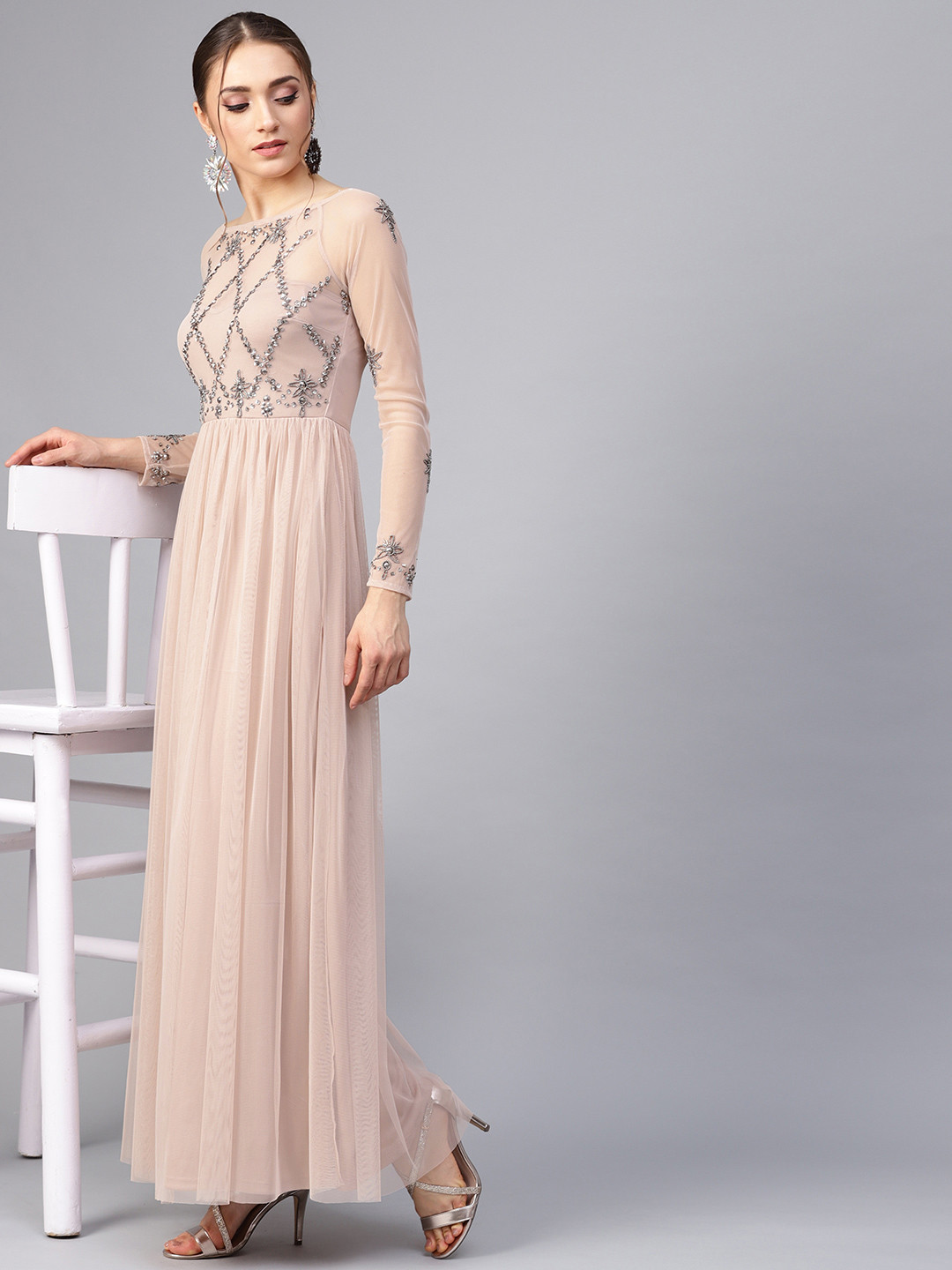 Buy STREET 9 Beige Net Embellished Detail Maxi Dress - Dresses for ...