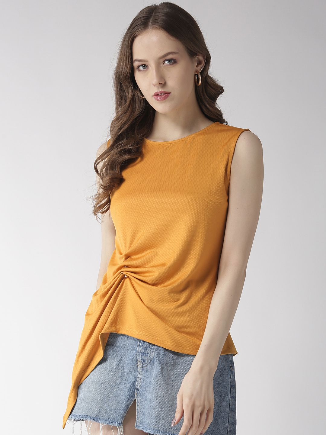 Buy Madame Women Mustard Yellow Solid Top With Gathers Tops For Women