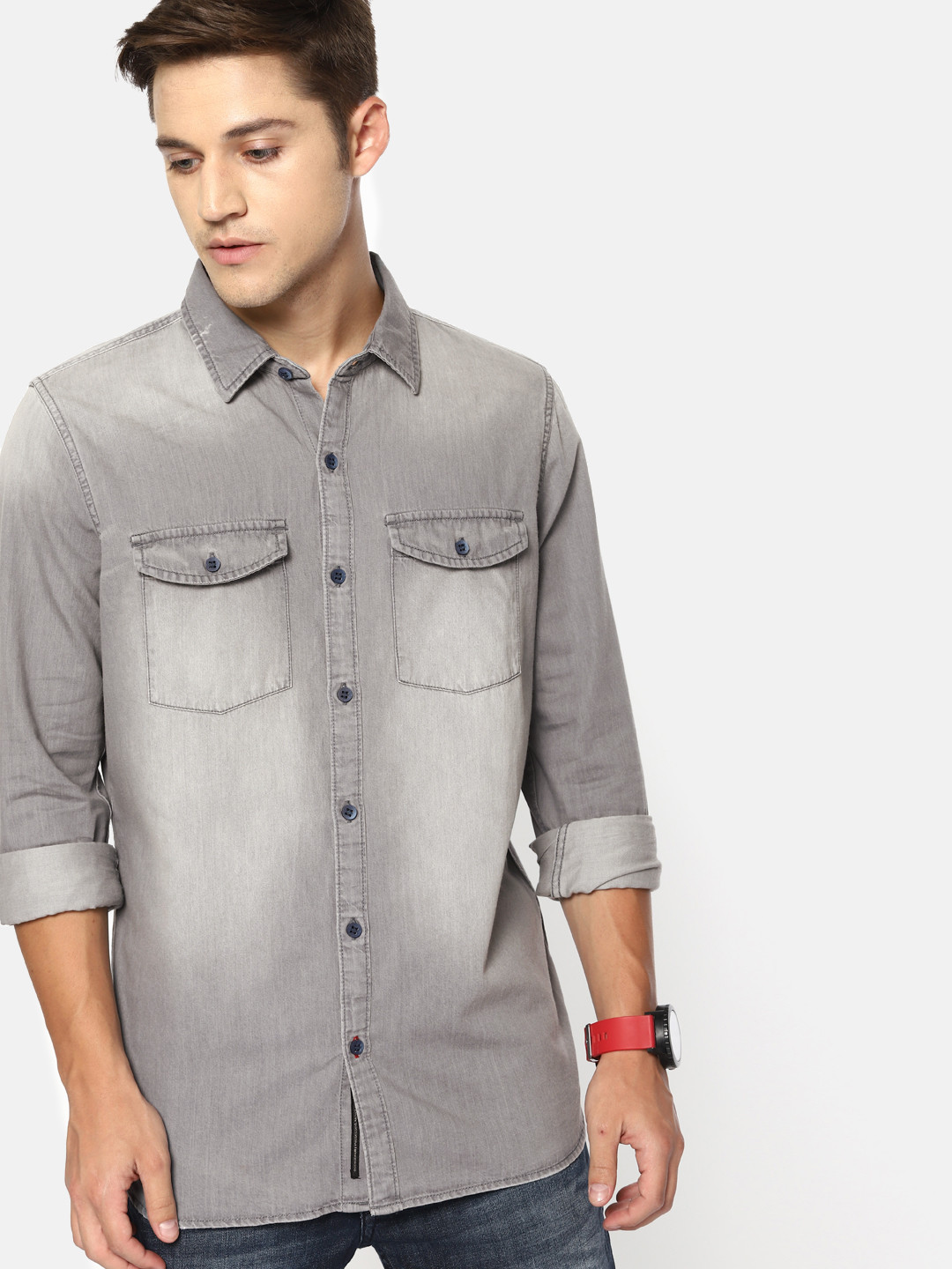 Buy SINGLE Men Grey Slim Fit Faded Casual Denim Shirt - Shirts for Men ...