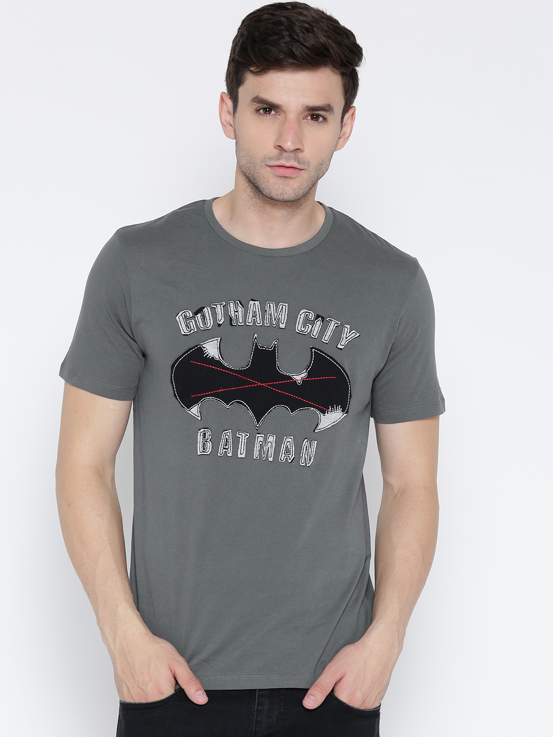 Buy Free Authority Men Grey Batman Printed Pure Cotton T Shirt ...
