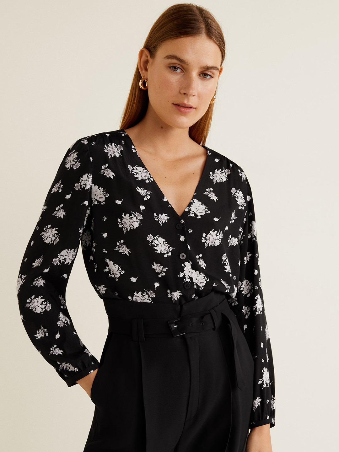 Buy MANGO Women Black & Off White Floral Print Top - Tops for Women ...