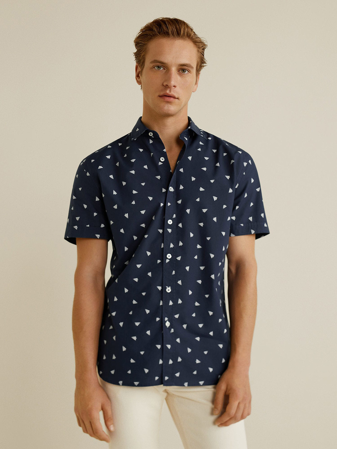 Buy MANGO MAN Navy Blue & White Regular Fit Printed Casual Shirt ...