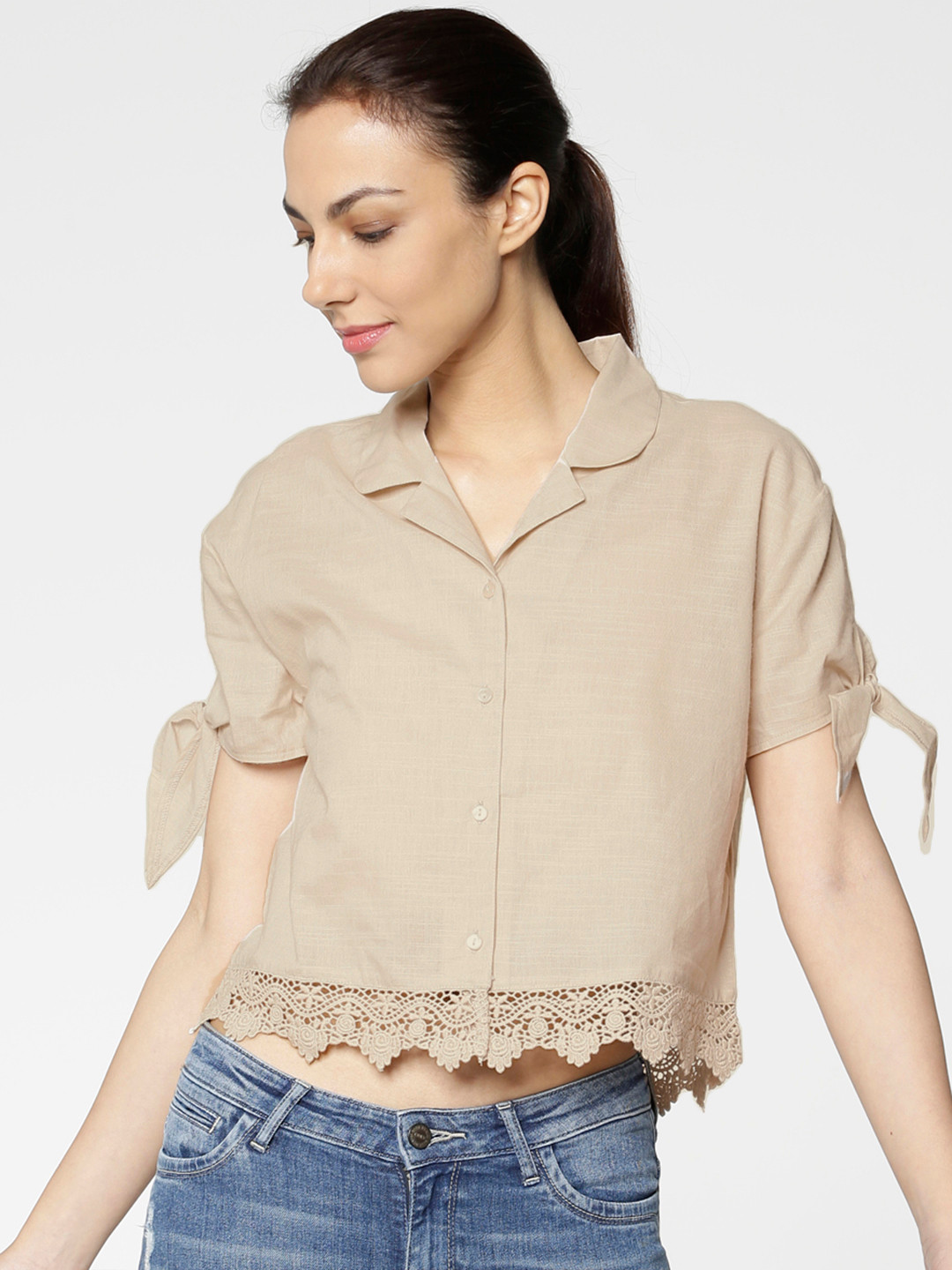 Buy ONLY Women Beige Solid Shirt Style Top - Tops for Women 8707601 ...