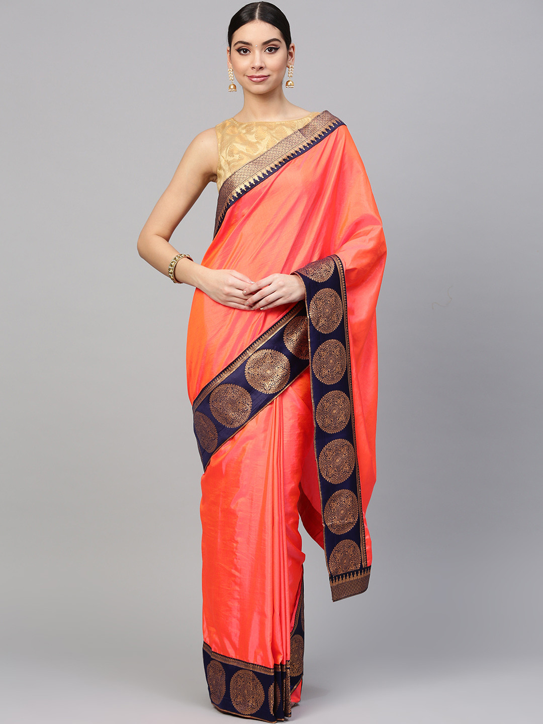 Buy Saree Mall Coral Orange Solid Saree - Sarees for Women 8714473 | Myntra