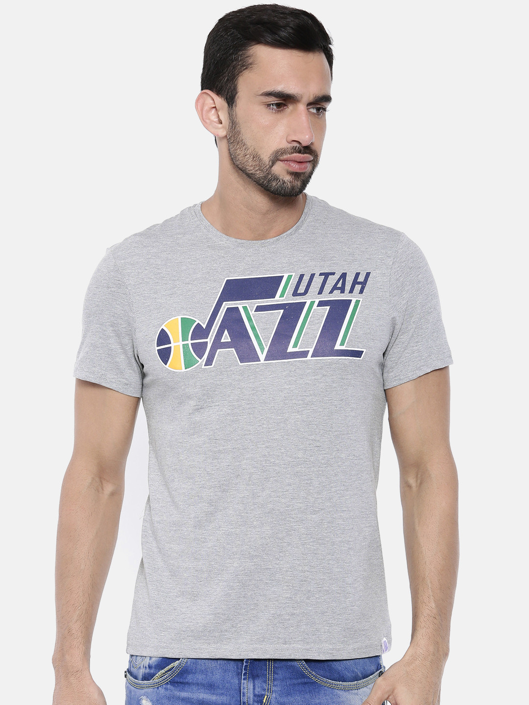 Buy NBA Men Grey Melange Printed Round Neck Basketball T Shirt ...