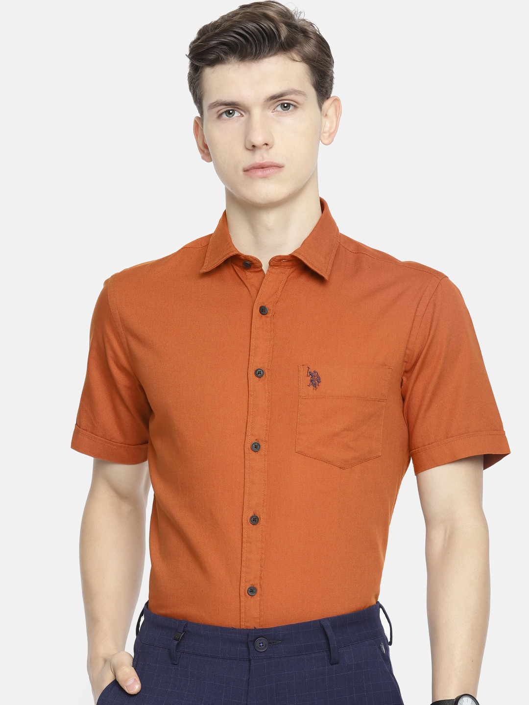 Buy U.S. Polo Assn. Men Rust Orange Tailored Fit Solid Smart Casual ...