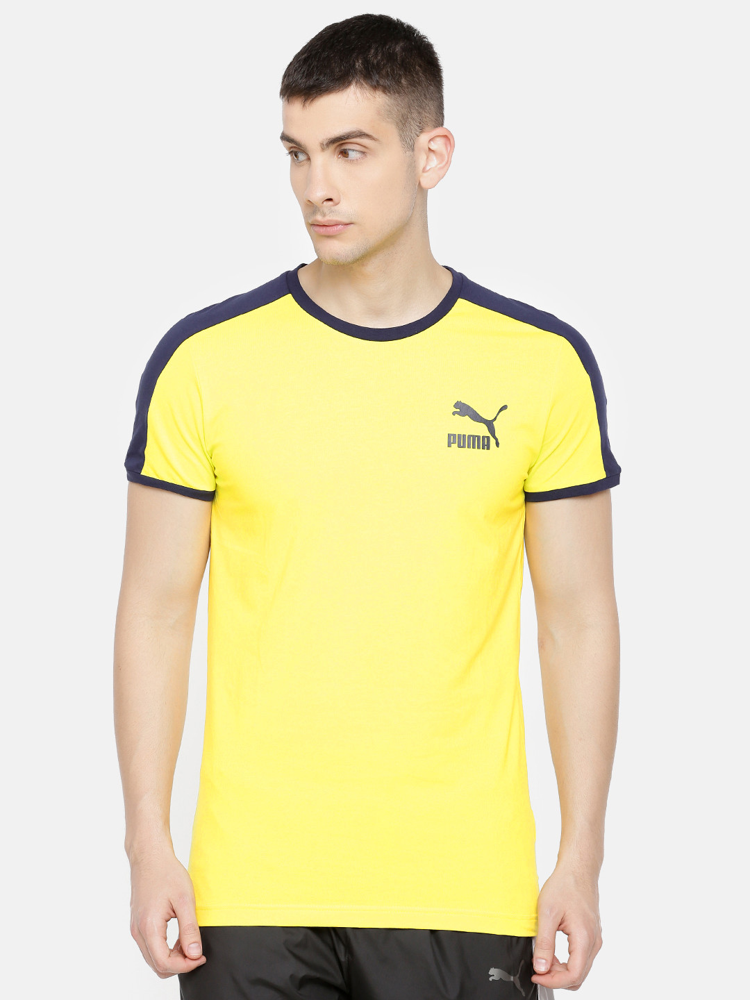Buy Puma Men Yellow & Navy Blue Slim Fit Iconic T7 Solid T Shirt ...