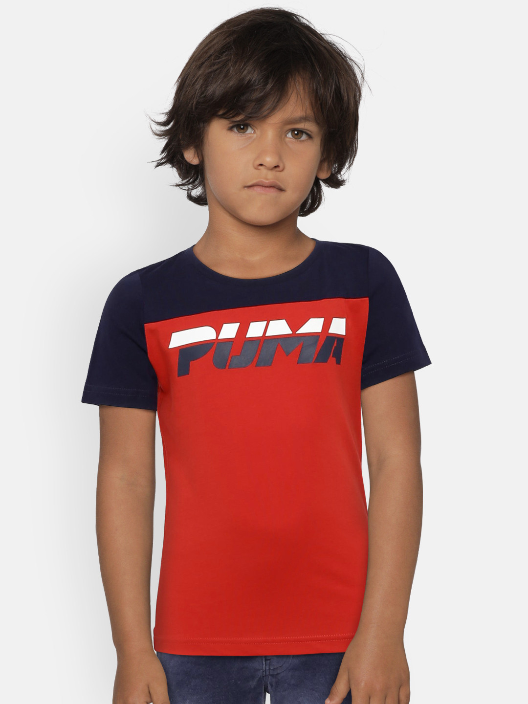 Buy Puma Boys Red & Navy Blue Colourblocked Round Neck T Shirt ...