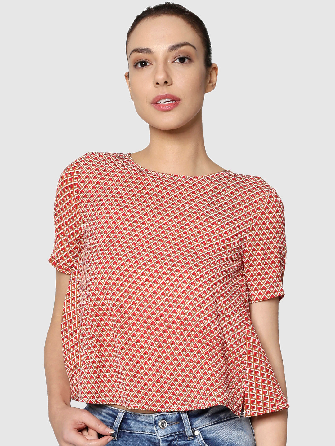 Buy ONLY Women White & Red Printed A Line Top - Tops for Women 8787583 ...