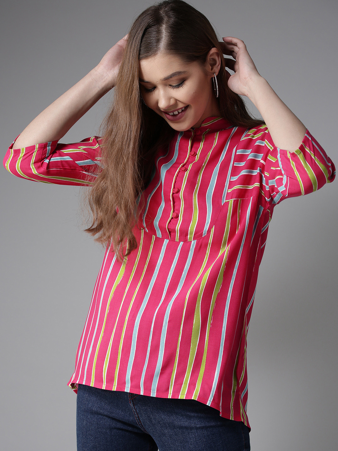 Buy HERE&NOW Women Magenta & Blue Striped Top - Tops for Women 8790027 ...