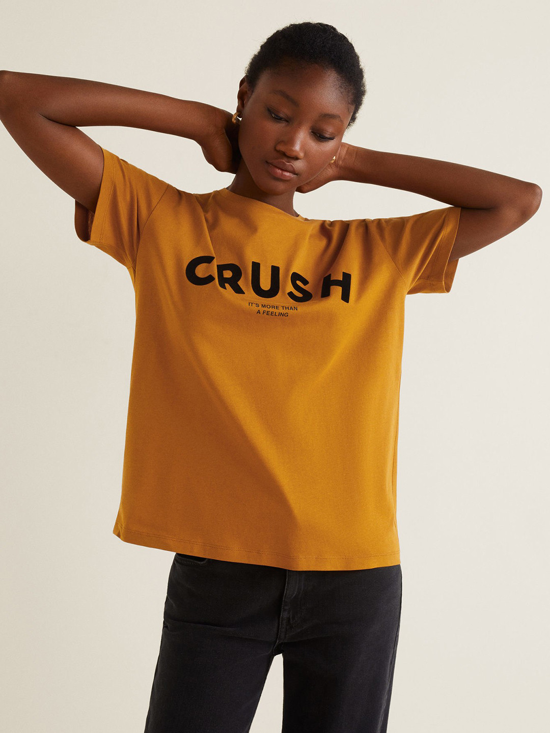 Buy MANGO Women Mustard Yellow Solid Round Neck T Shirt - Tshirts for ...