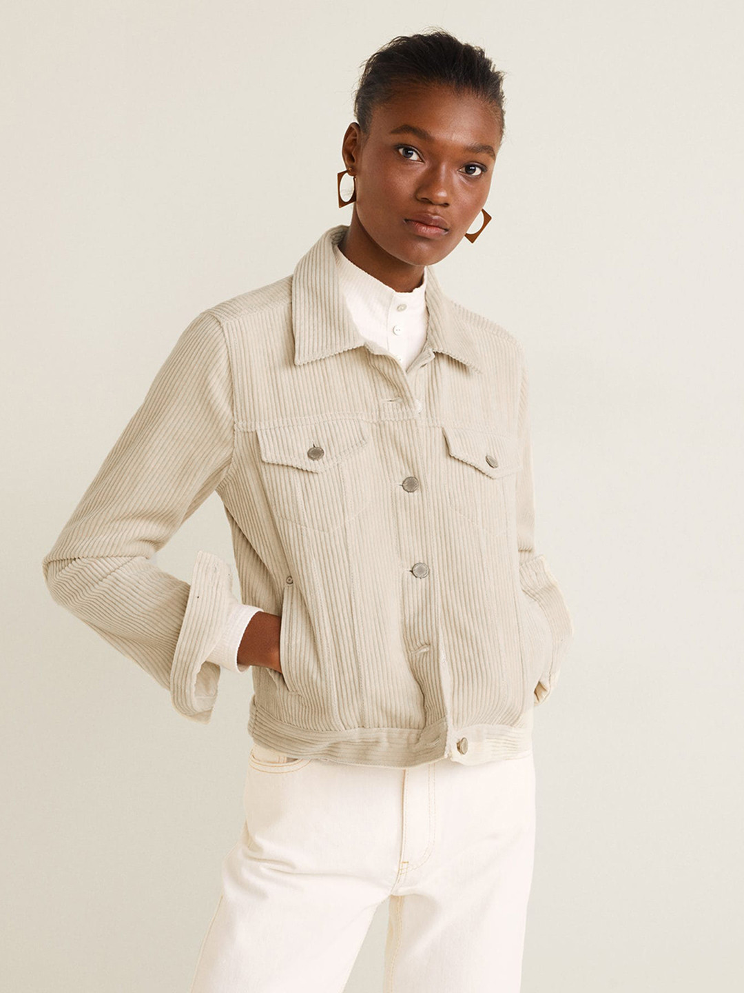 Buy MANGO Women Cream Coloured Solid Corduroy Tailored Jacket - Jackets ...