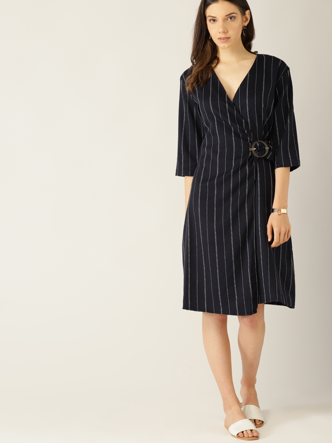 Buy MANGO Women Navy Blue Striped Wrap Dress - Dresses for Women ... Buy MANGO Women Navy Blue Striped Wrap Dress - Dresses for Women ...