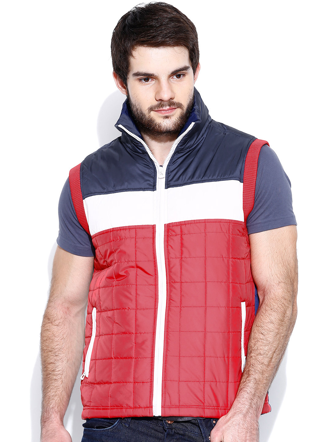 Buy People Navy & Red Sleeveless Jacket - Jackets for Men 879930 | Myntra