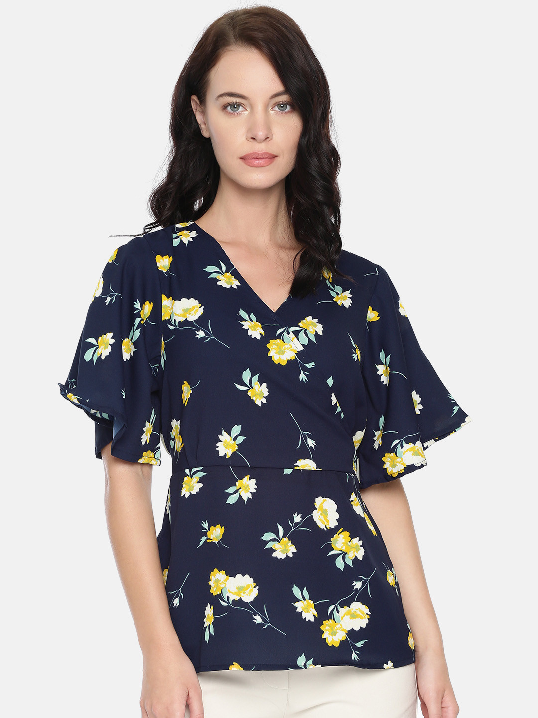 Buy Bossini Women Navy Blue & Yellow Printed A Line Top - Tops for ...