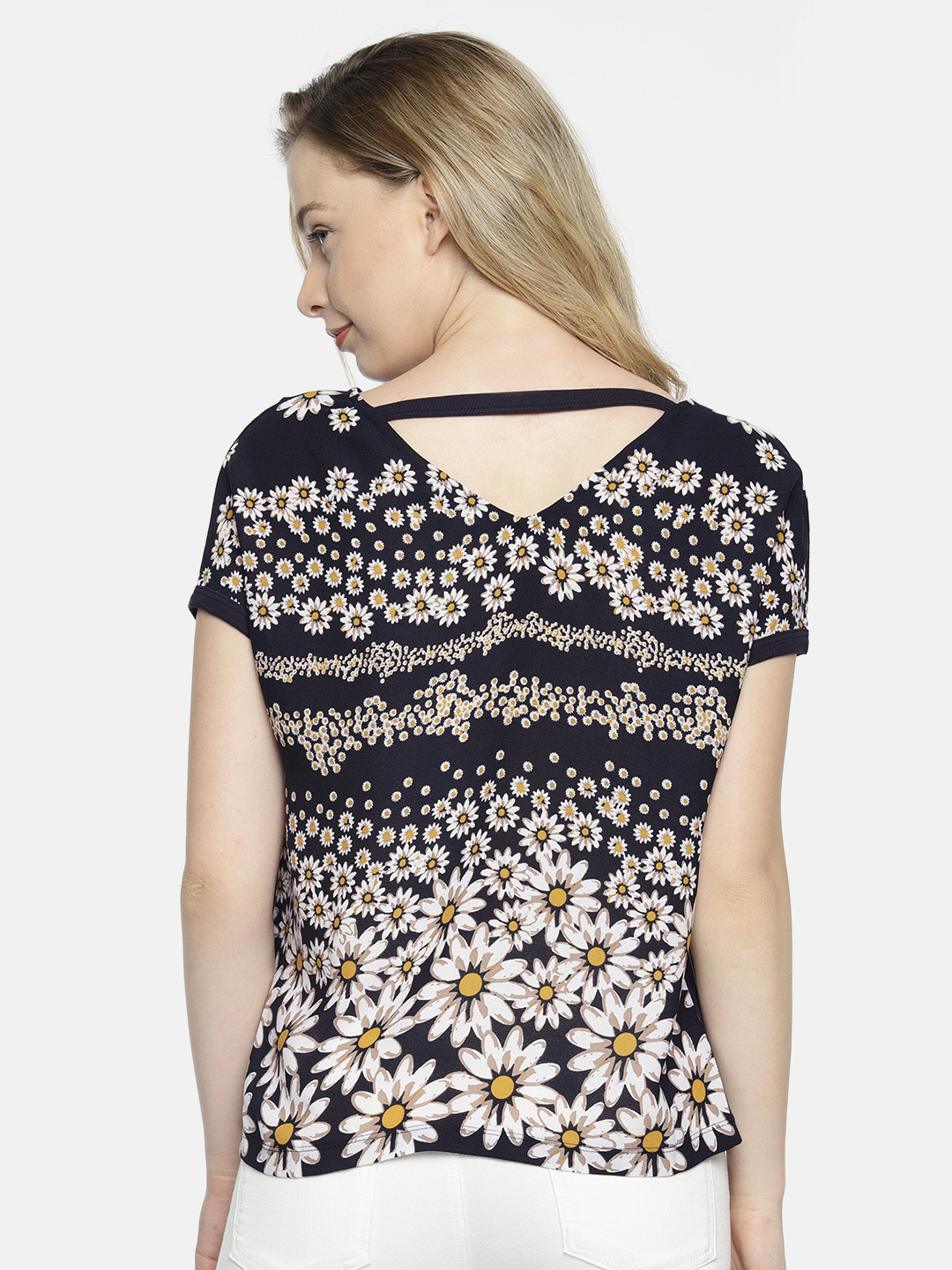 Buy Vero Moda Women Navy Blue & White Printed Styled Back Top - Tops ...