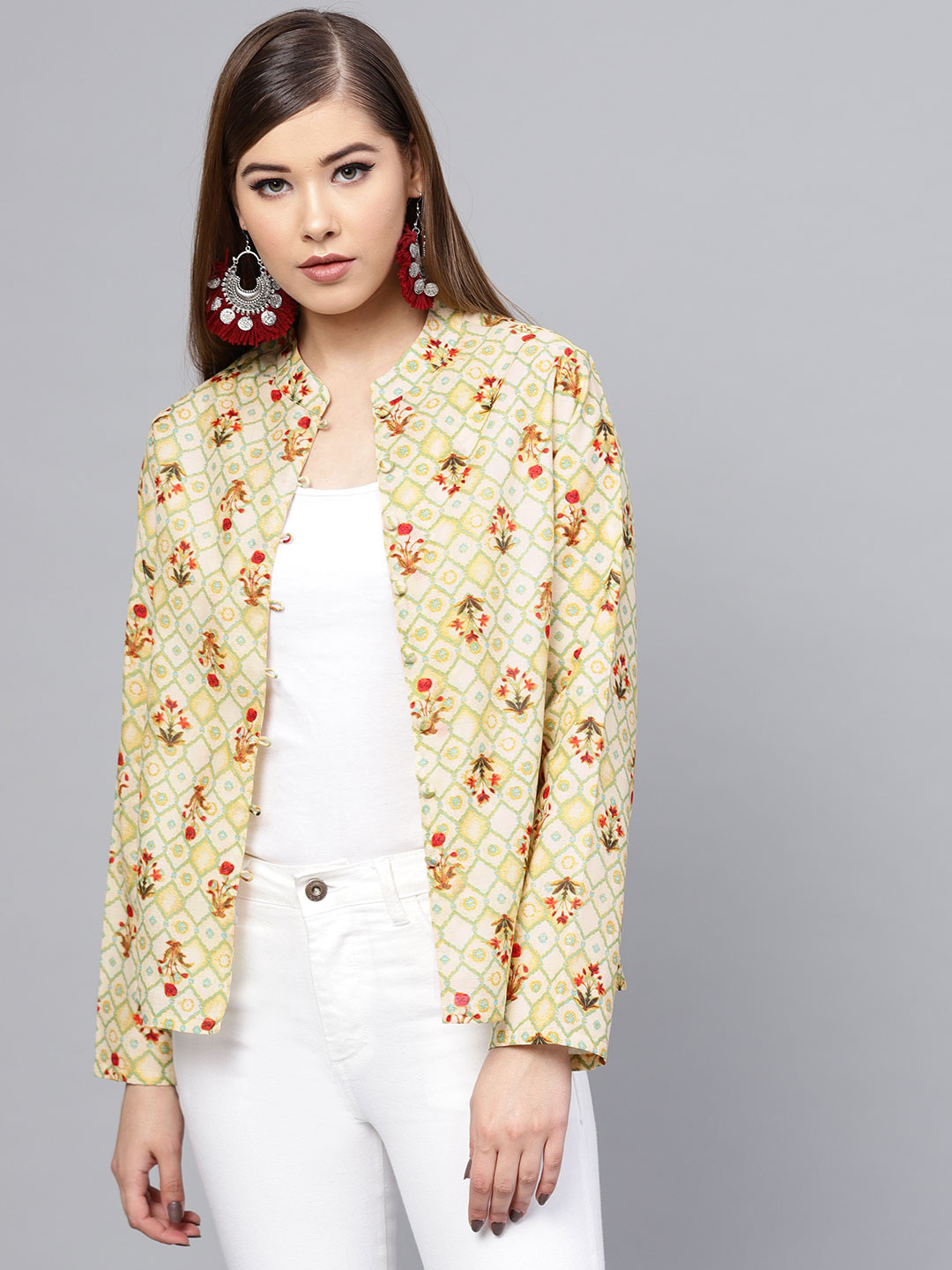 Buy RARE ROOTS Women Yellow & Red Printed Ethnic Jacket - Jackets for ...