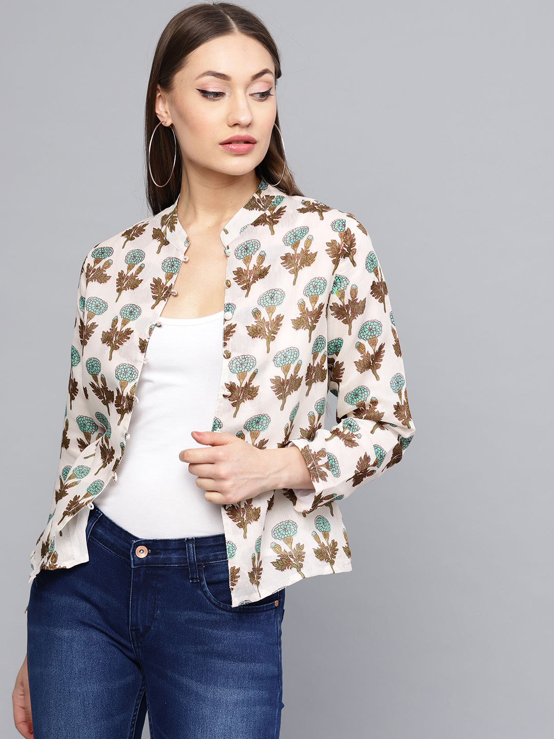 Buy RARE ROOTS Women Off White & Blue Printed Ethnic Jacket - Jackets ...