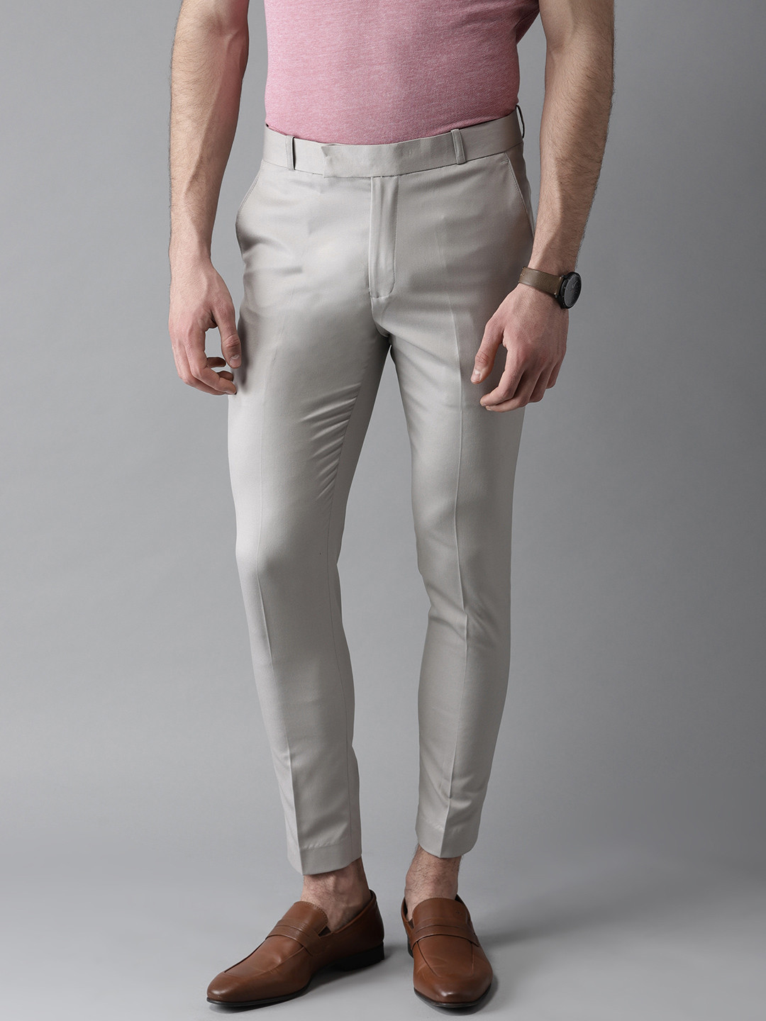 Buy DENNISON Men Grey Smart Tapered Fit Casual Trousers - Trousers for ...