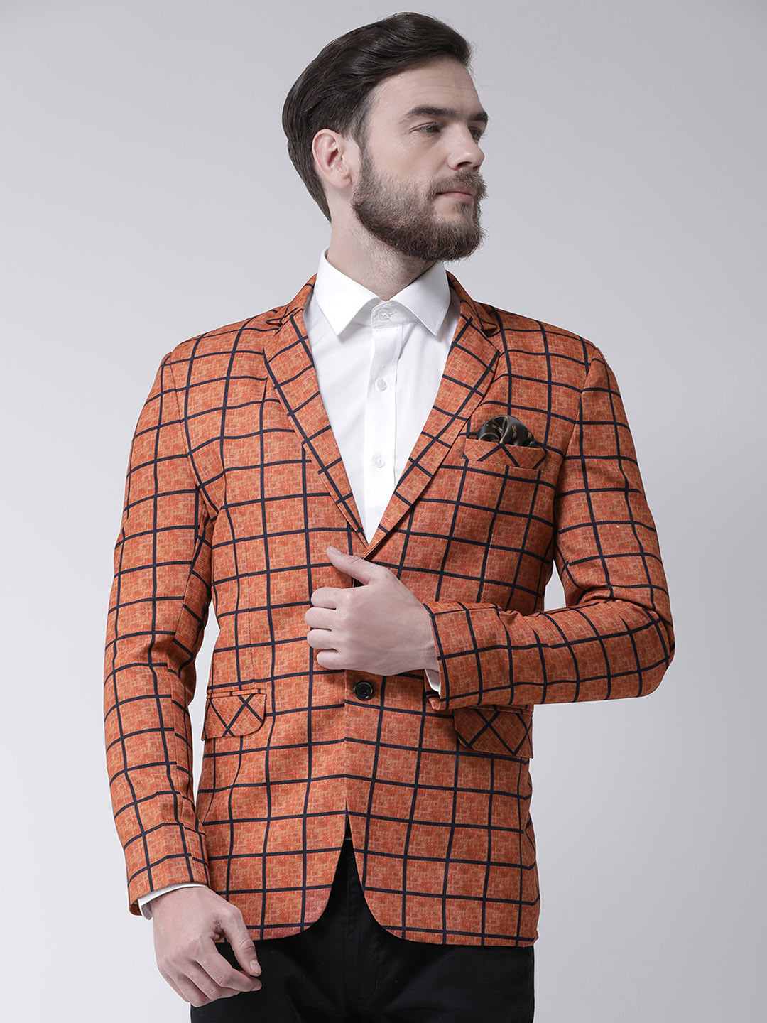 Buy Hangup Men Rust Coloured Checked Regular Fit Single Breasted Blazer ...