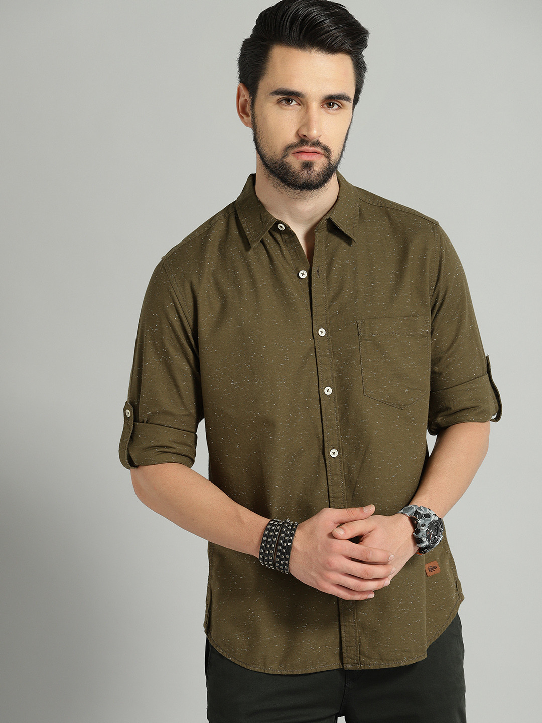 Buy Roadster Men Olive Green Nepped Cotton Casual Shirt - Shirts for ...
