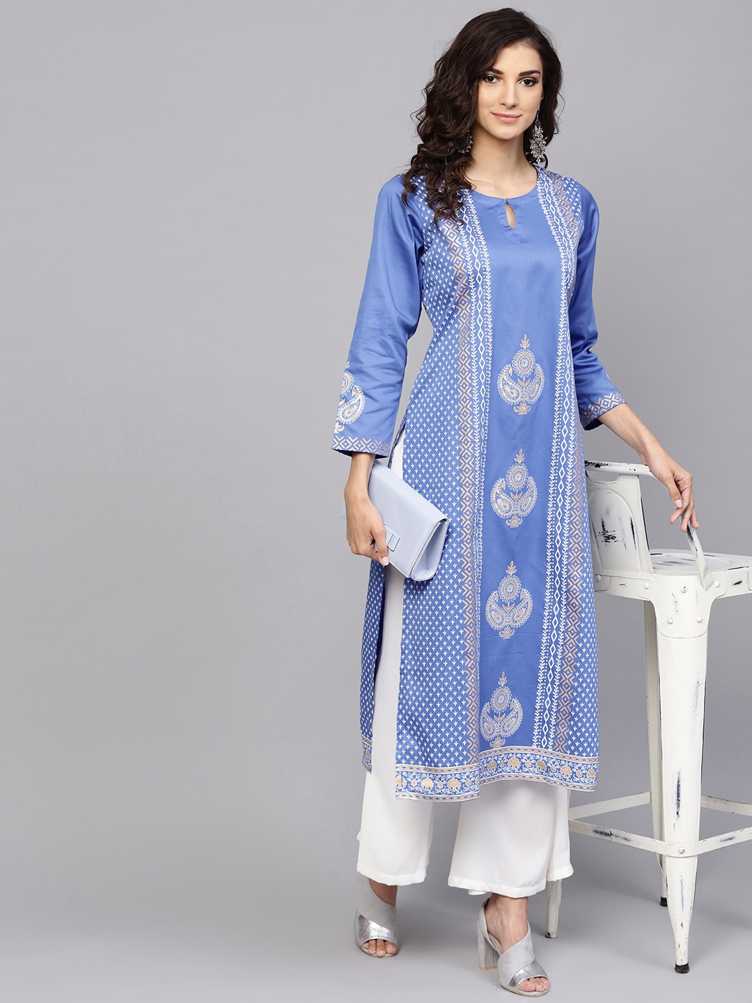 Buy Libas Women Blue And White Block Print Straight Kurta Kurtas For
