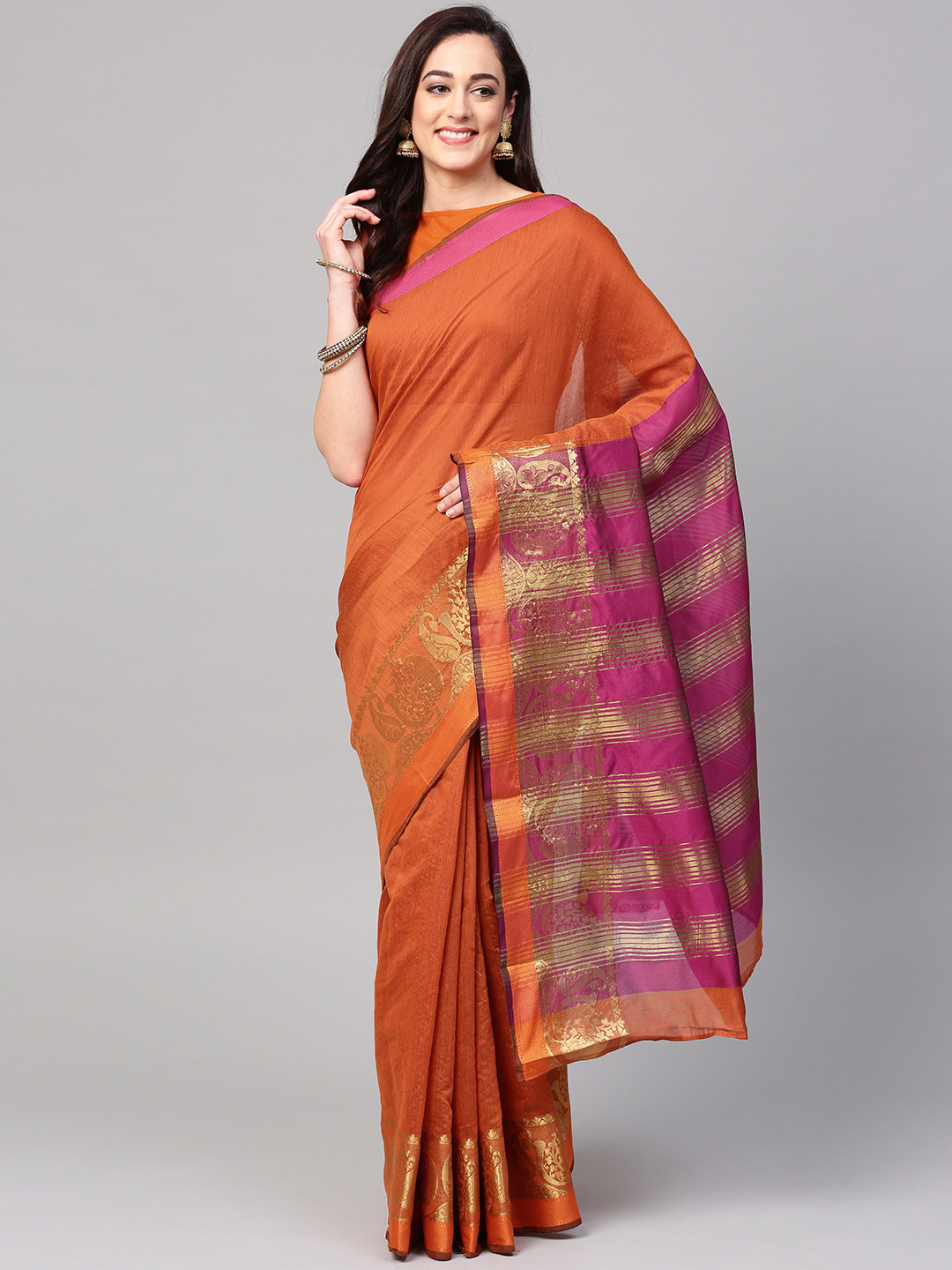 Buy Inddus Rust Orange Solid Saree - Sarees for Women 8933899 | Myntra
